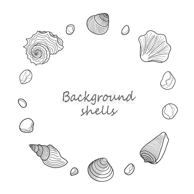 Round Frame and Background, Shells and Pebbles Outline. Stock Vector ...