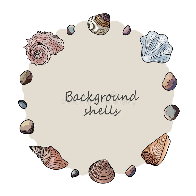 Round Frame and Background, Shells and Pebbles on the Sand. Stock ...