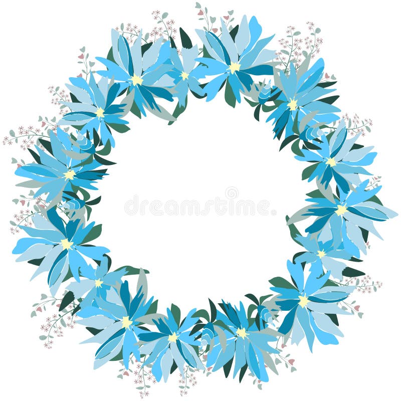 Round Frame of Blue Flowers and Green Leaves Stock Vector ...