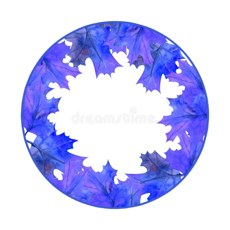 Round Frame with Blue Leaves on White Isolated . Watercolor ...