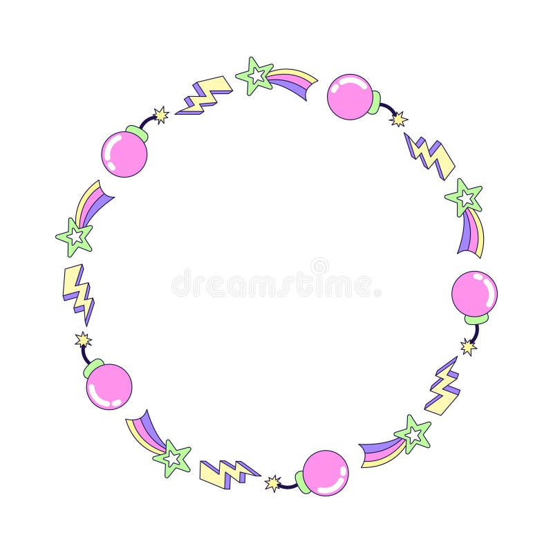 Round Frame with Bomb, Comet and Lightning. Multicolored Elements on ...