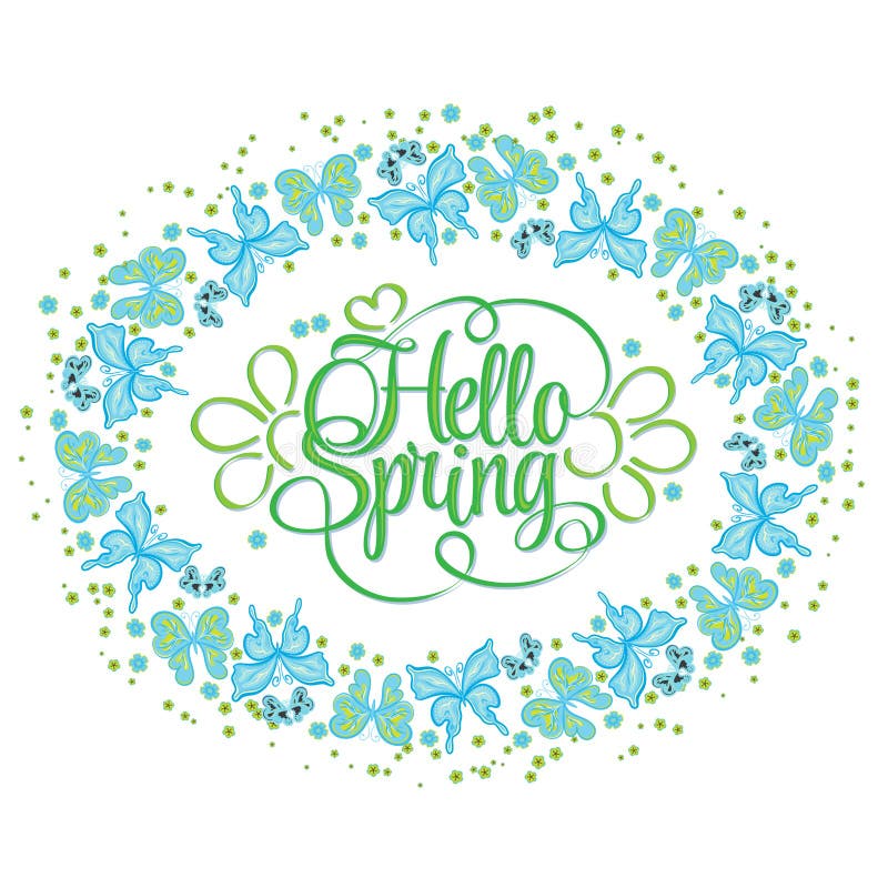 Round Frame of Butterflies. Hello Spring Lettering. Colorful Vector ...