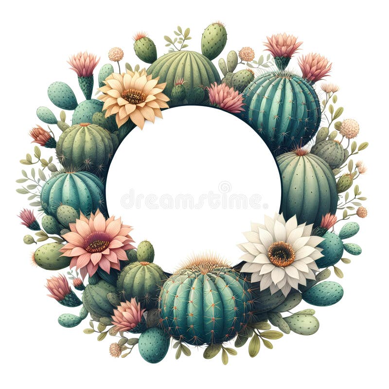 Round Frame with Cactus Flowers Around and Empty White Center Isolated ...