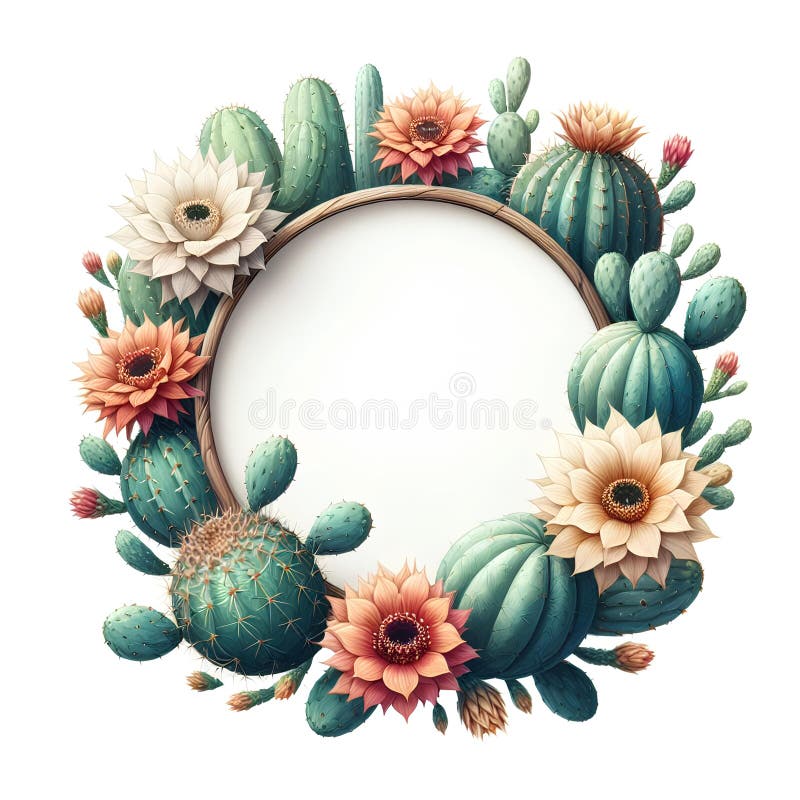 Round Frame with Cactus Flowers Around and Empty White Center Isolated ...