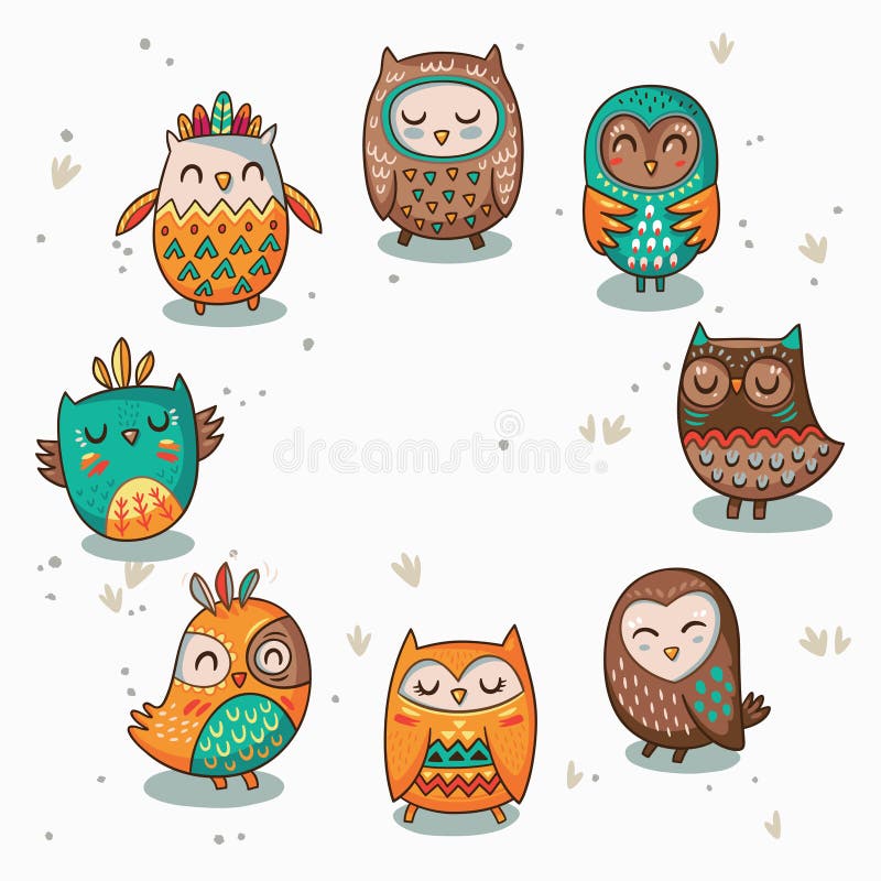 Round Frame with Cartoon Owls Stock Vector - Illustration of decorative ...