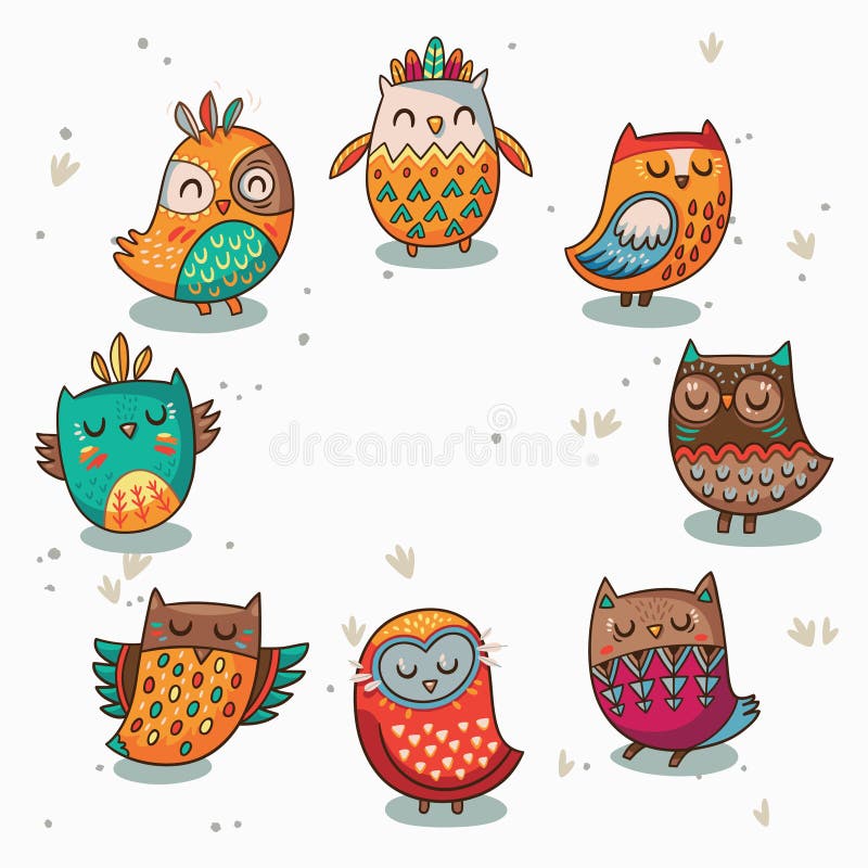 Round Frame with Cartoon Owls Stock Vector - Illustration of decorative ...