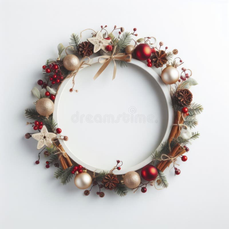 A Round Frame with Christmas Decorations on a White Background. Ai ...