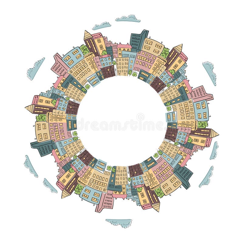 Round Frame with Colorful Doodle City Buildings. Stock Vector ...