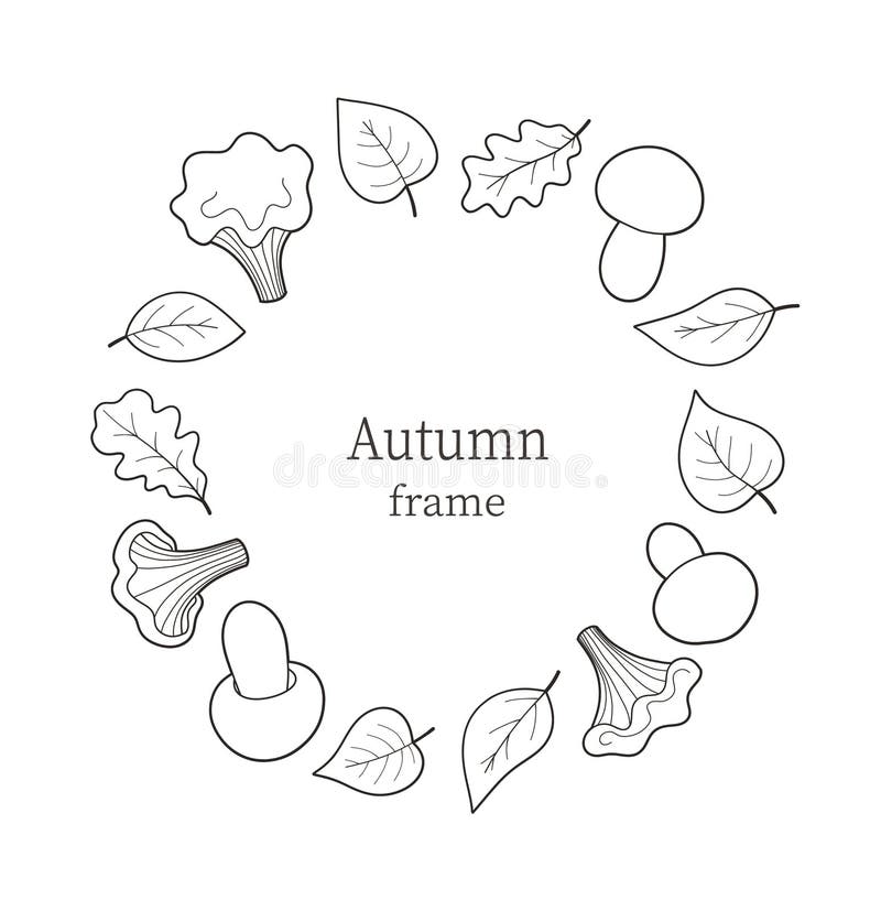 Round Frame with Contour Mushrooms and Leaves, Autumn Background. Stock ...