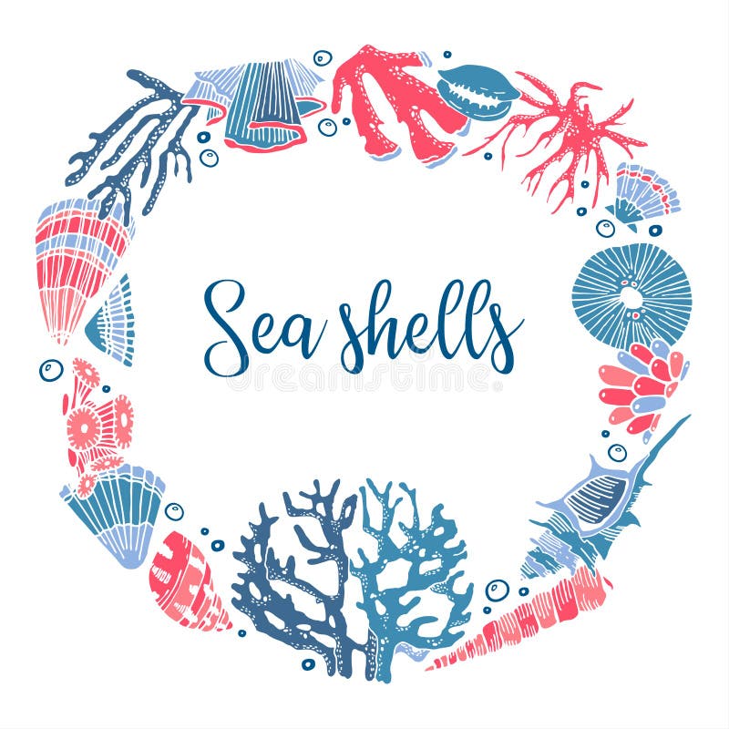 Round Frame with Corals and Shells. Hand Drawn Color Vector Cartoon ...