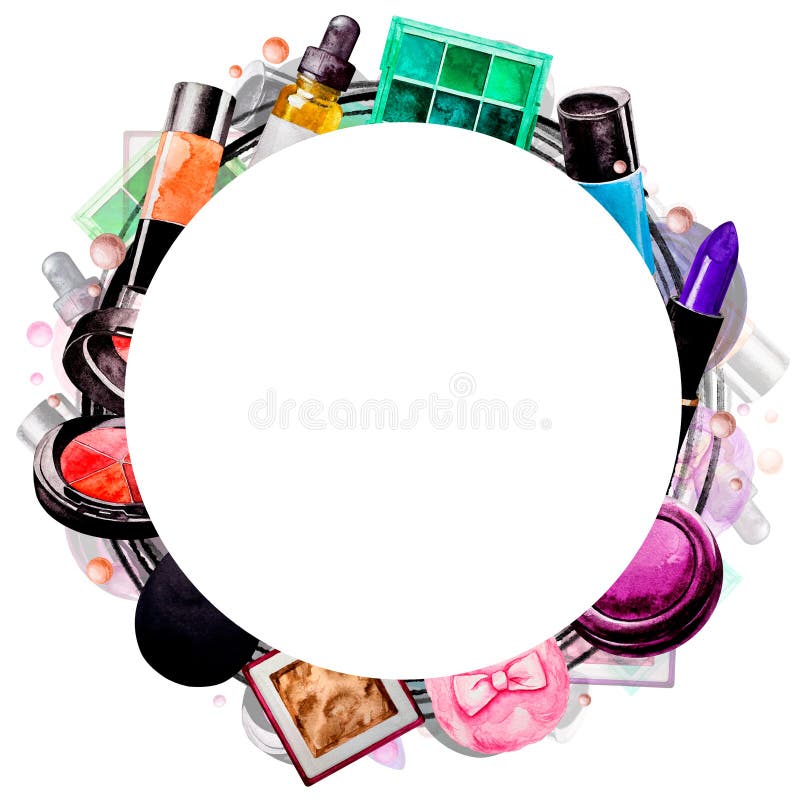 Round Frame of Cosmetics. White Background. Watercolor. Isolated ...