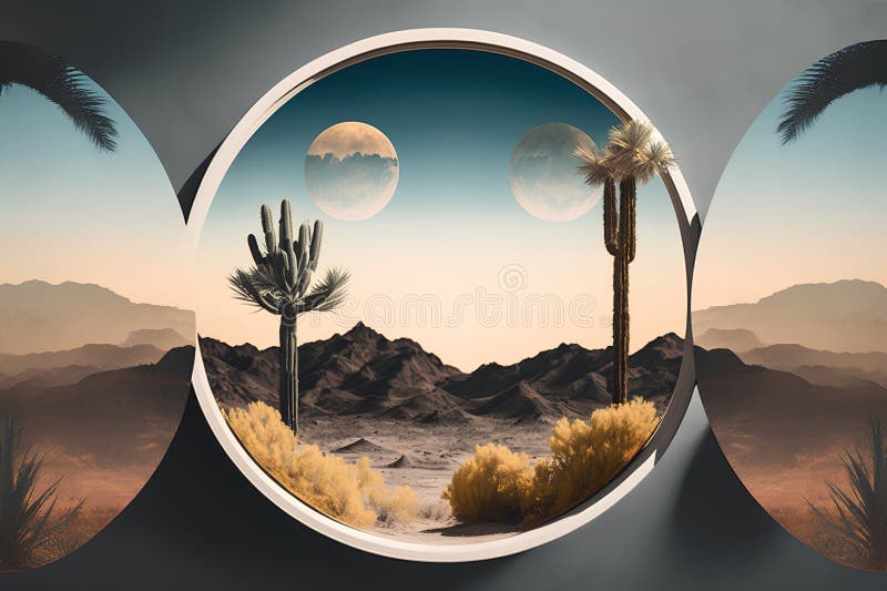 Round Frame with Desert Landscape and Cactuses. 3D Rendering Stock ...