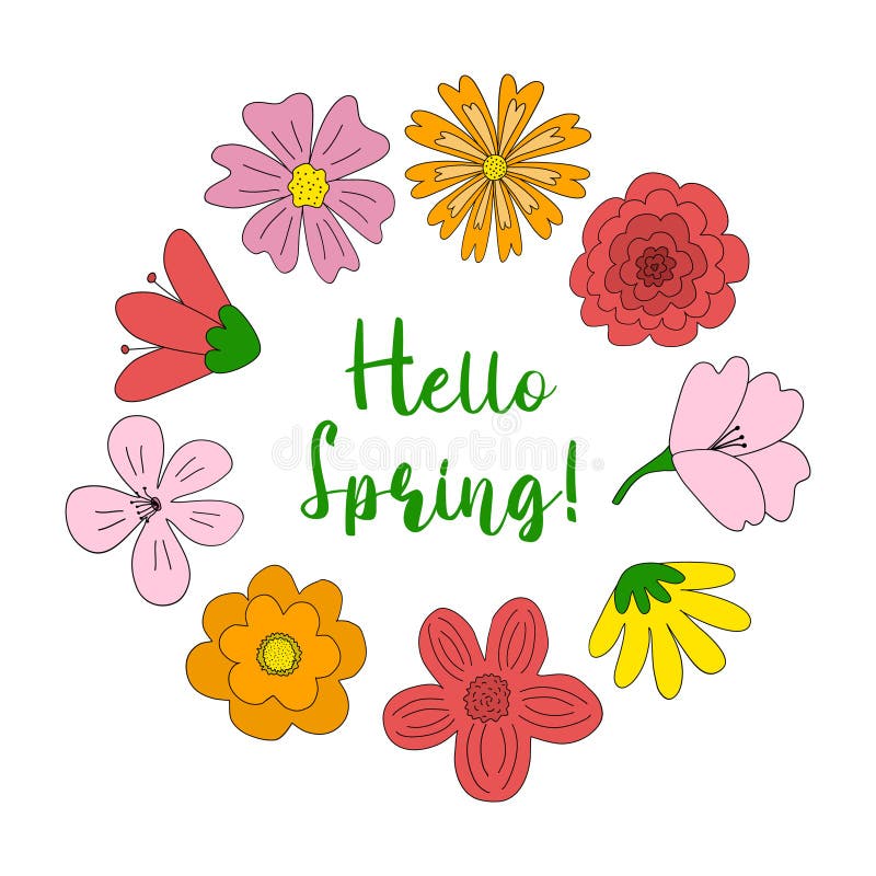 Round Frame with Different Flowers and Hello Spring Phrase, Spring ...