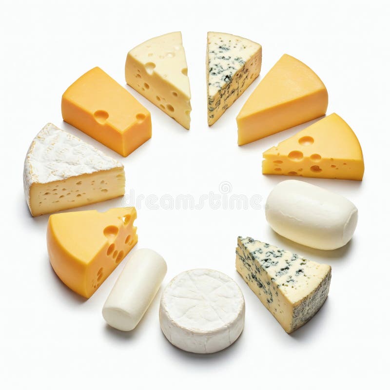 Round Frame of Different Types of Cheese on White Background, Top View ...