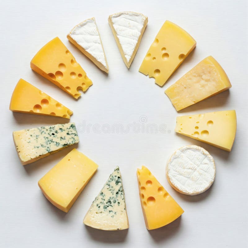 Round Frame of Different Types of Cheese on White Background. Top View ...