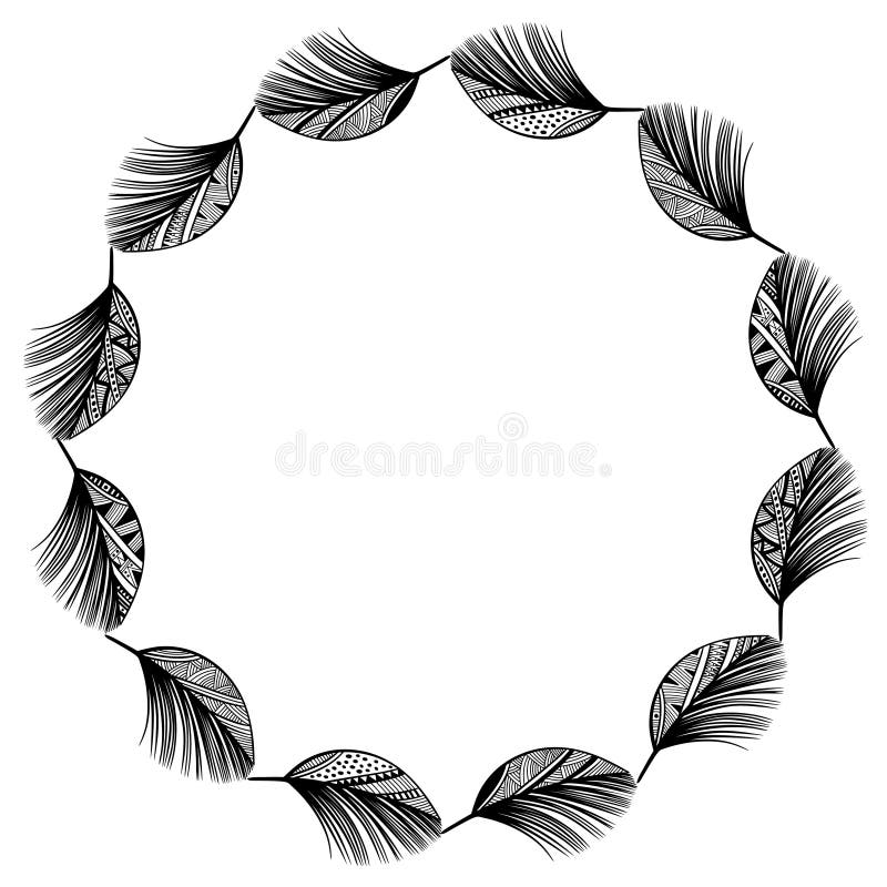 Round Frame with Doodle Feathers. Vector Element for Design. Stock ...