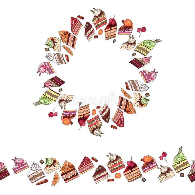 Round Frame and Endless Pattern Brush Made of Cake Slices. Stock Vector ...