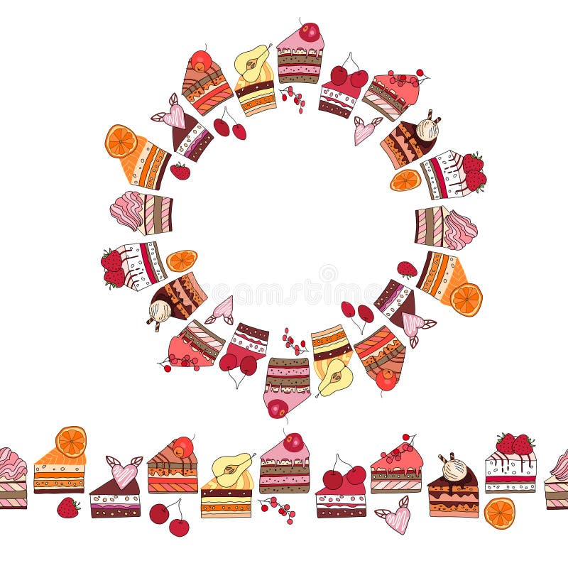 Round Frame and Endless Pattern Brush Made of Cake Slices. Stock Vector ...