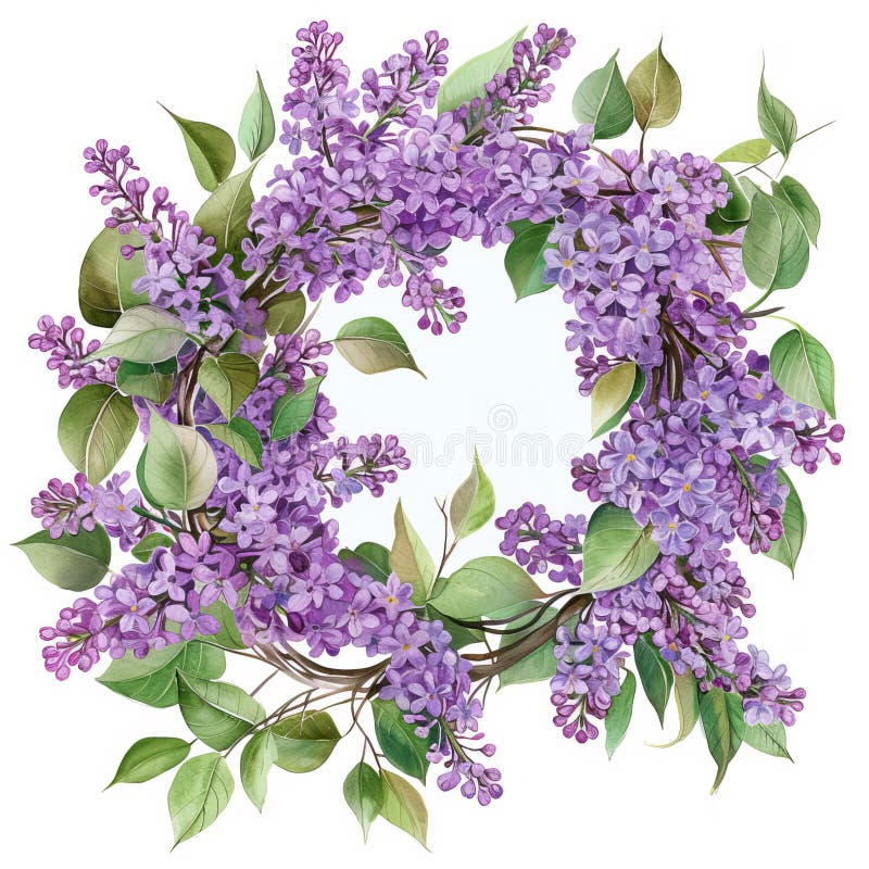 Round Frame of Flowering Lilac Branches. Spring Watercolor Botanical ...