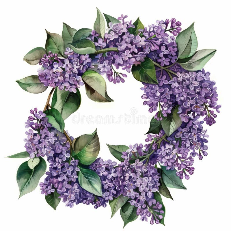 Round Frame of Flowering Lilac Branches. Spring Watercolor Botanical ...