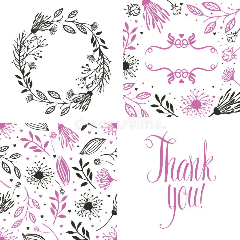 Round Frame of Flowers, Pattern and Thank You Card Stock Vector ...