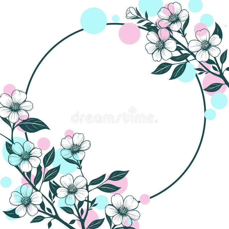A Round Frame with Flowers, Pink and Blue Circles, Bubbles Stock ...