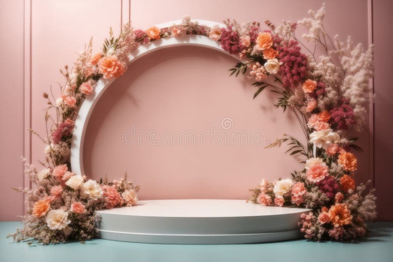 Round Frame with Flowers Presentation Studio Background. Ai Generative ...