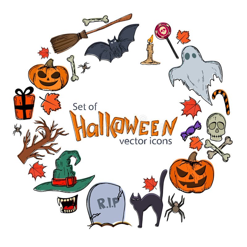 Round Frame with Halloween Icons Stock Vector - Illustration of bonfire ...