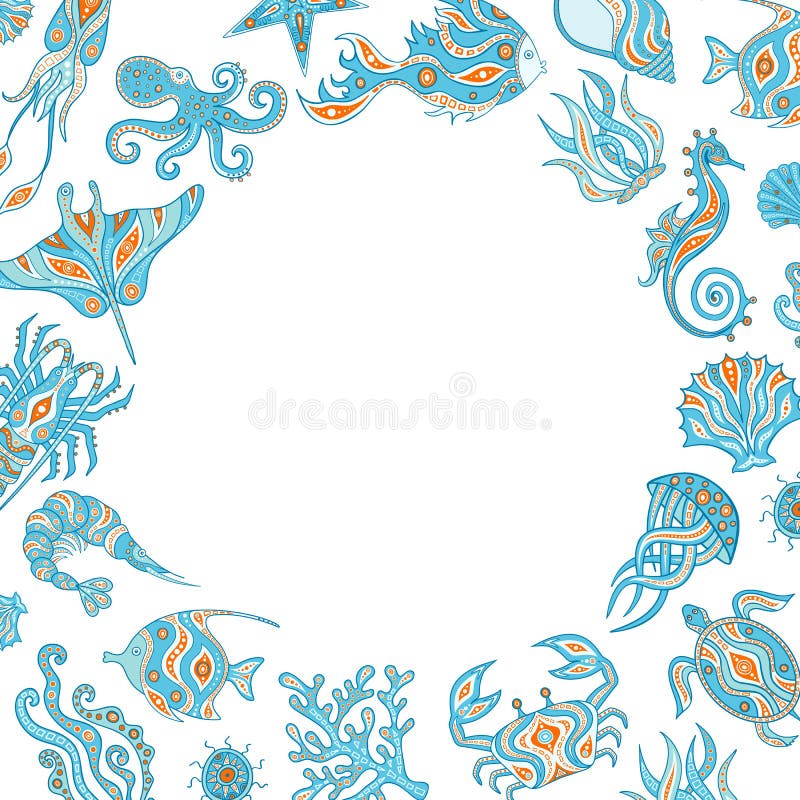Round Frame from Hand-drawn Sea Dwellers. Vector Stock Vector ...