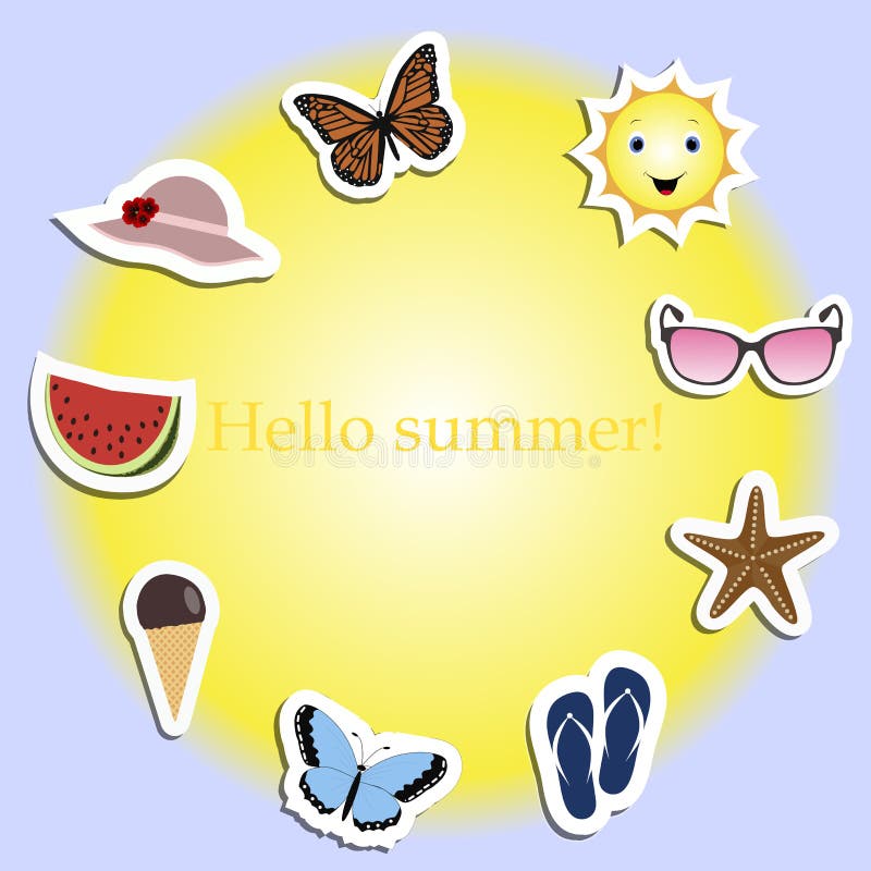 Round Frame Hello To Summer with Cute Summer Stickers on a Blue Stock ...