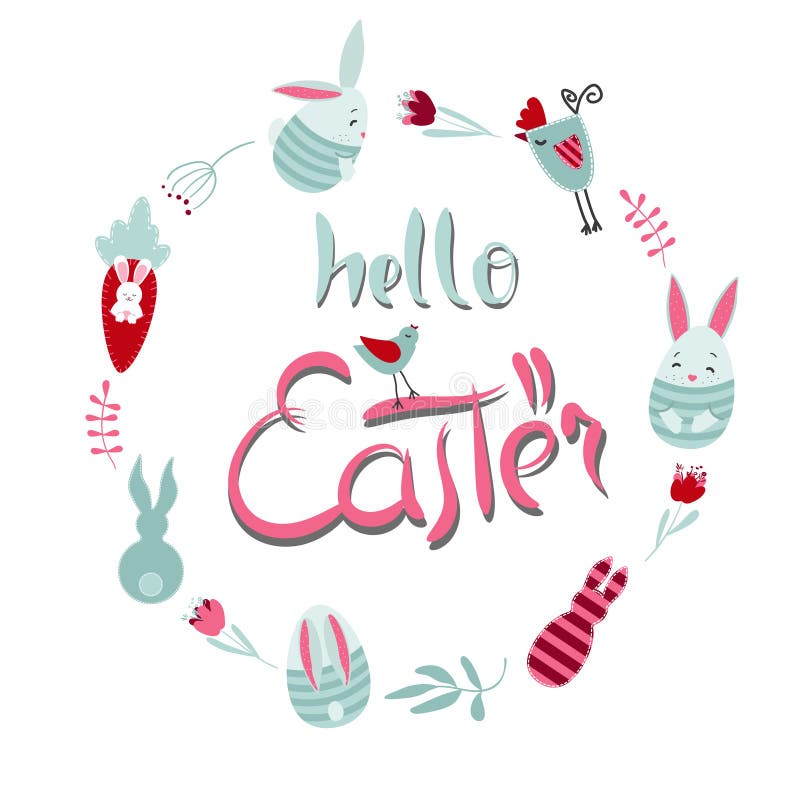 Round Frame with Inscription Hello Easter and Elements of Easter Bunnies, Flowers and Twigs, a ...