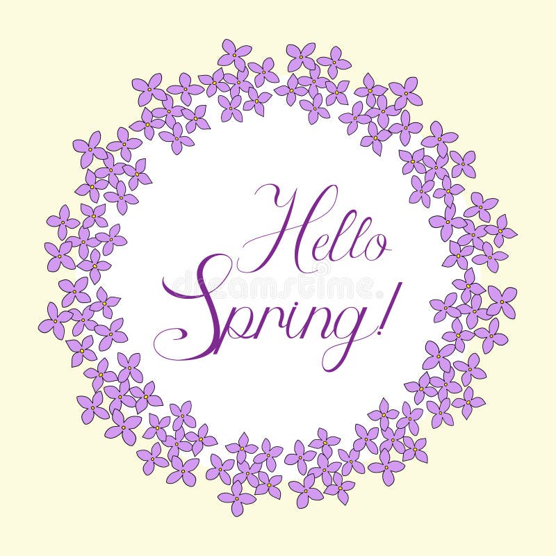 Round Frame with Lilac Flowers and Hello Spring Phrase, Spring Design ...