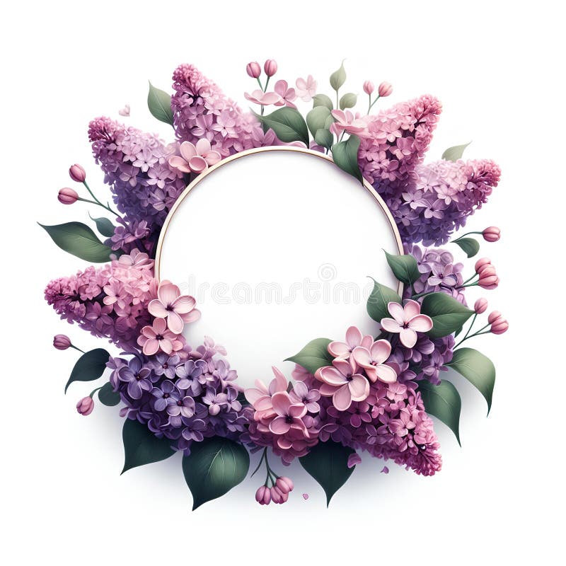 Round Frame with Lilac Plant Flowers Around and Empty White Center ...