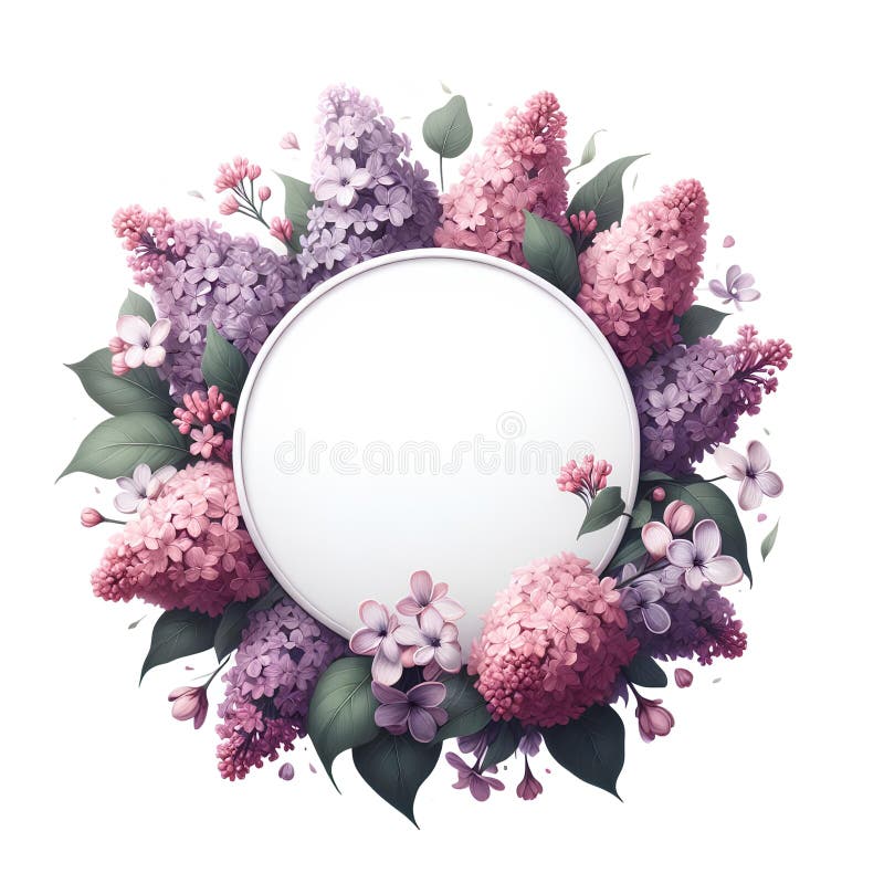 Round Frame with Lilac Plant Flowers Around and Empty White Center ...