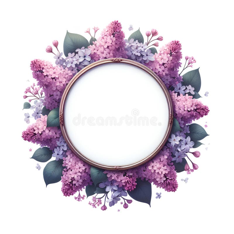 Round Frame with Lilac Plant Flowers Around and Empty White Center ...