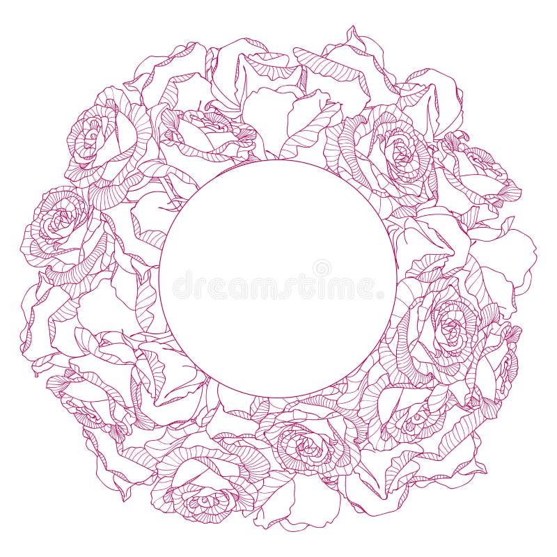 Round Frame With Linear Engraving Rose Flowers Stock Vector ...