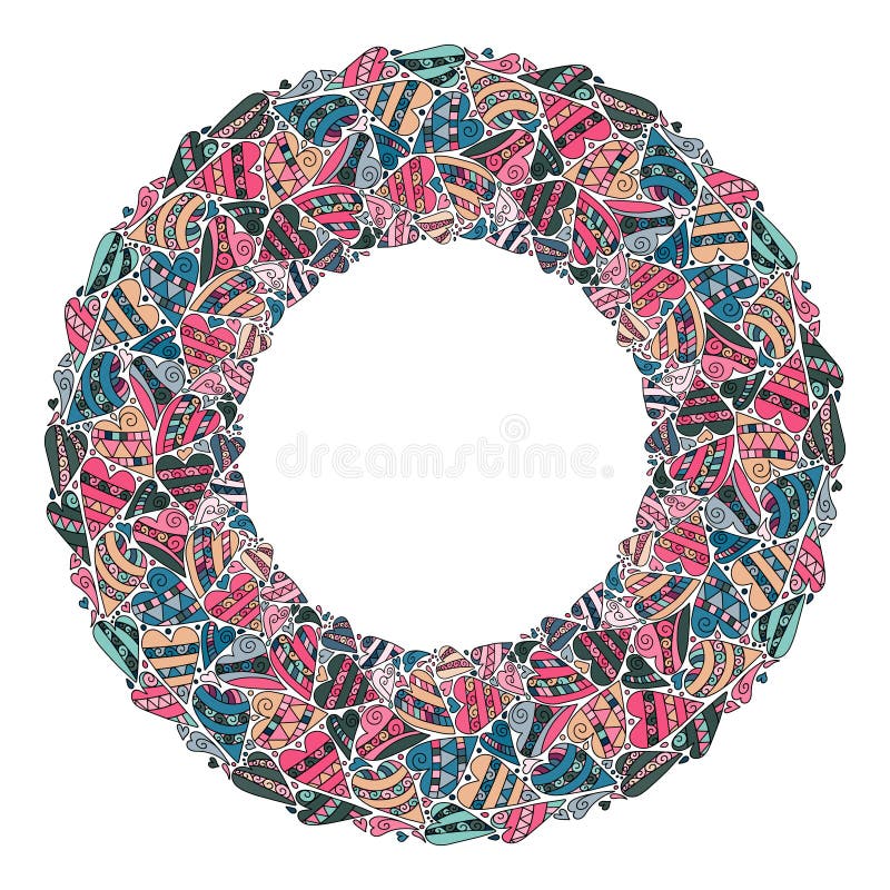 Round Frame, Lined Hearts. Hand Drawn Style, Doodles Pastel Hearts ...