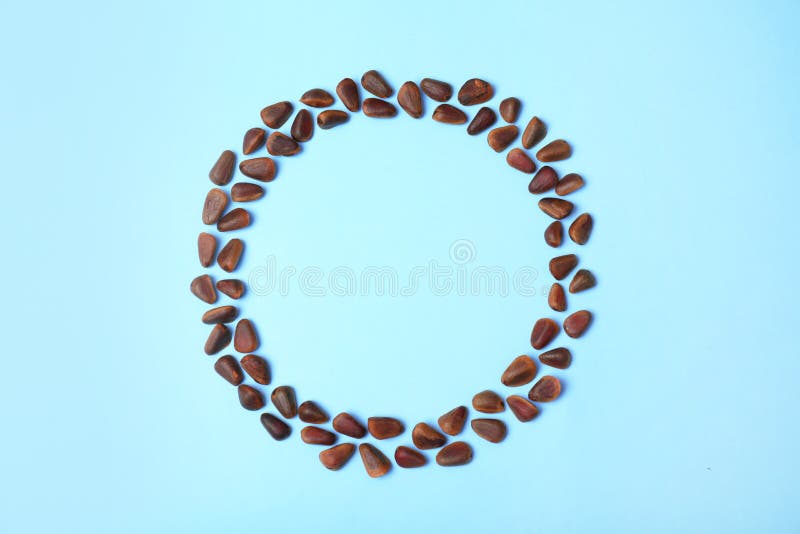 Round Frame Made of Pine Nuts on Color Background, Top View Stock Image ...