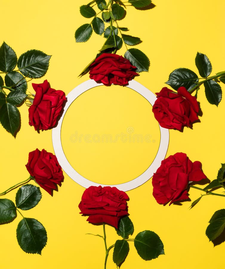 Round Frame Made of Red Roses, Green Leaves and Branches. Stock Photo ...