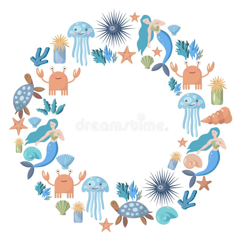Round Frame with Marine Life Stock Vector - Illustration of shell ...