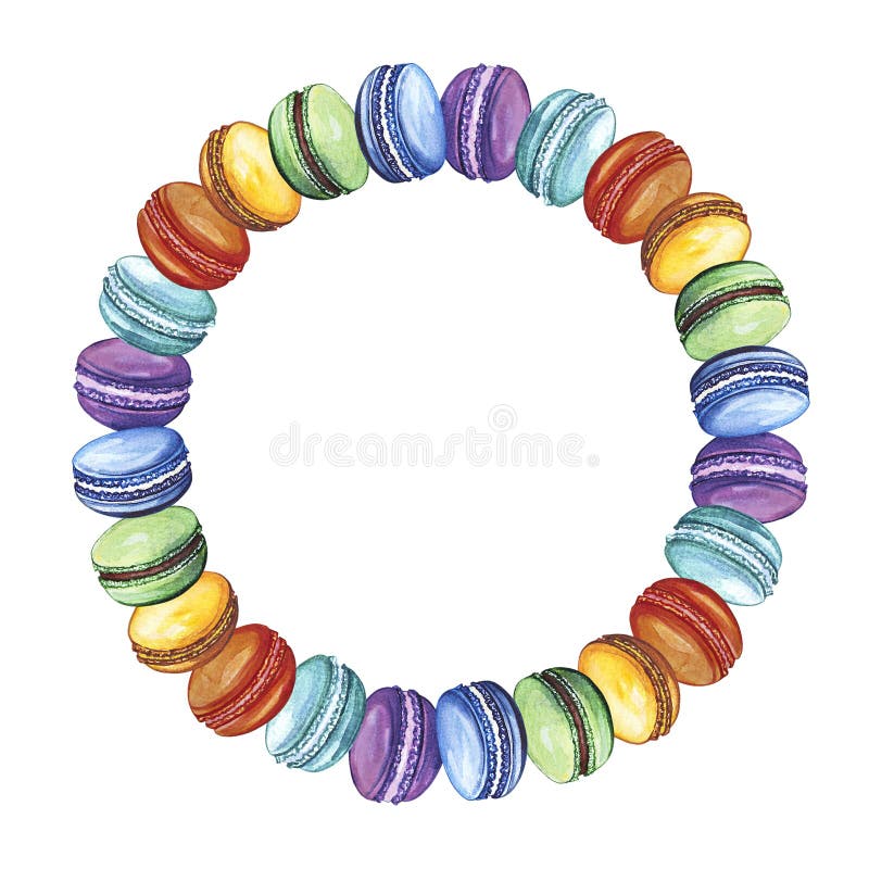 Round Frame of Multi-colored Macaroons. Watercolor Illustration Stock ...