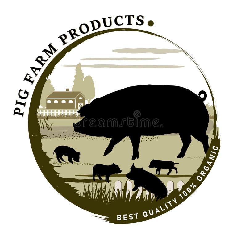 Round Frame with Pig Farm Objects Silhouettes and Text for Product ...
