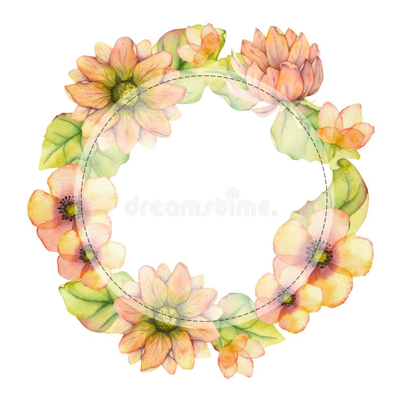 Round Frame With Pink And Yellow Watercolor Flowers For Save The Date