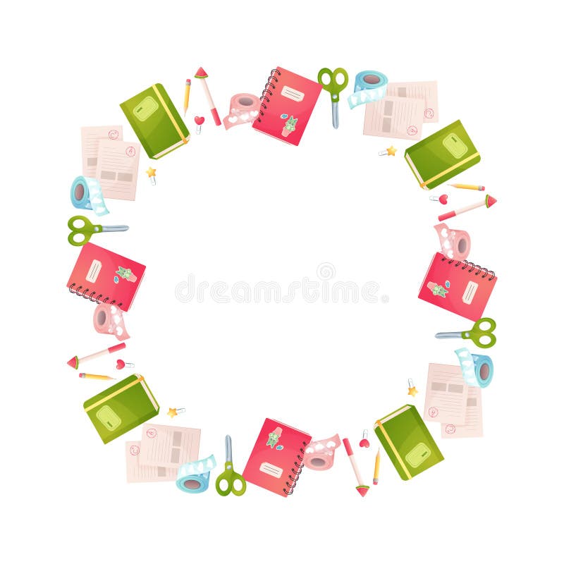 Round Frame, School Stationery. Notebook, Scissors. Stock Vector ...
