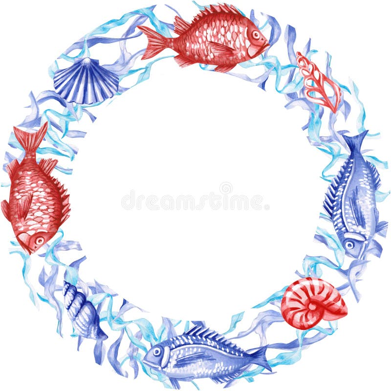 Round Frame with Shells and Fish. Isolated Illustration on the Theme of ...