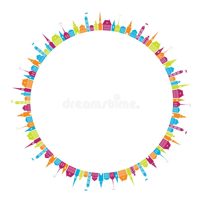 Round Frame with Silhouettes of Houses Stock Vector - Illustration of ...
