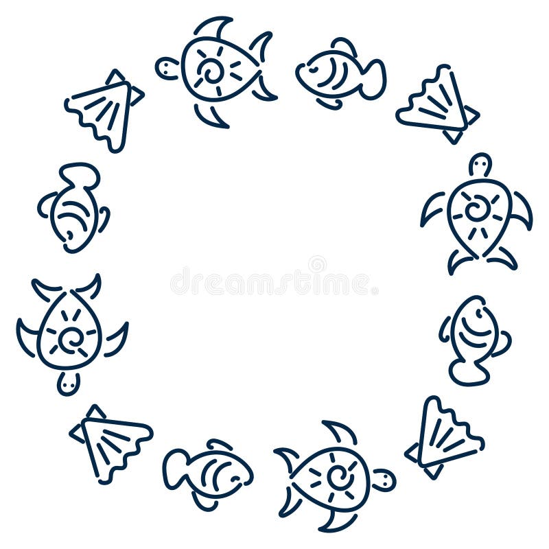 Round Frame with Space for Text. Hand-drawn Fish, Sea Turtles and ...