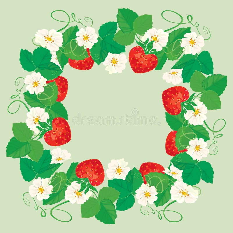 Round Frame with Strawberries, Flowers and Leaves Stock Vector ...