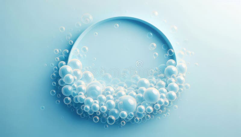Round Frame with Transparent Soap Bubbles on Light Blue Background ...