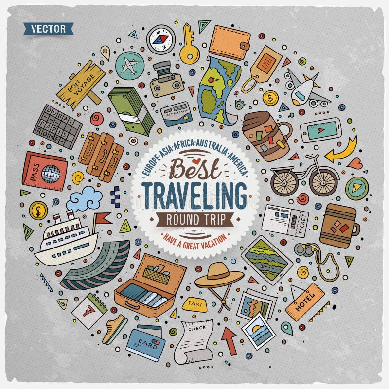Round Frame Travel Cartoon Objects, Symbols and Items Stock Vector ...